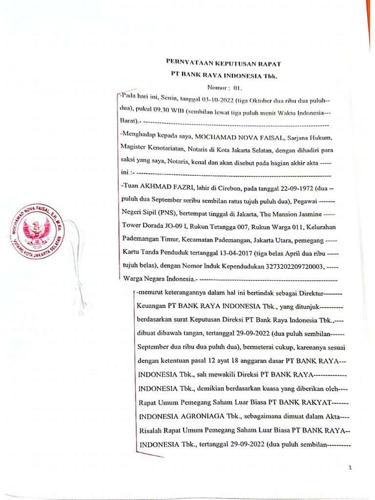 Akta Pernyataan Keputusan Rapat No 01 TGL 3 Okt 2022 PDF | PDF Akta Pernyataan Keputusan Rapat No 01 TGL 3 Okt 2022 PDF | PDF