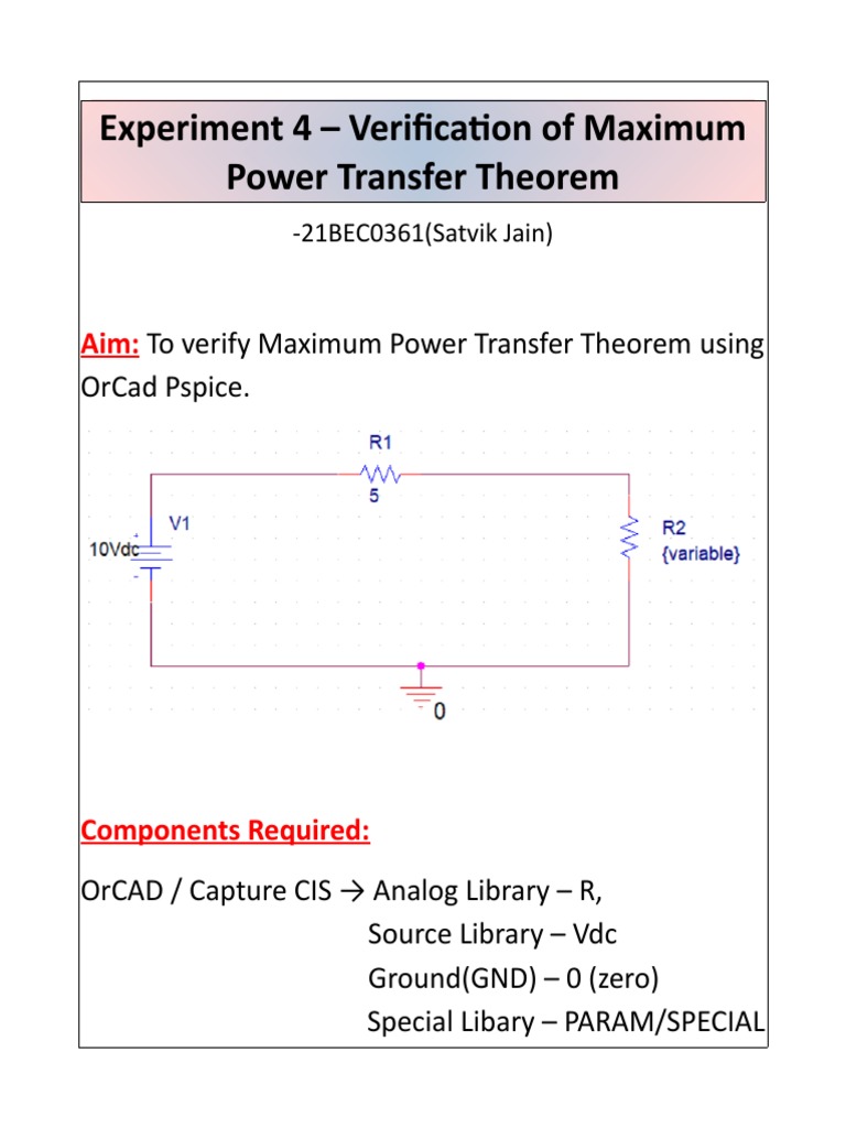 Verification of Maximum Power Transfer Theorem Using OrCAD PSpice | PDF | Electromagnetism ...