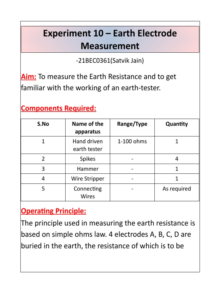 21BEC0361 Exp10 (EarthResistance) | PDF | Electrical Resistance And Conductance | Voltage