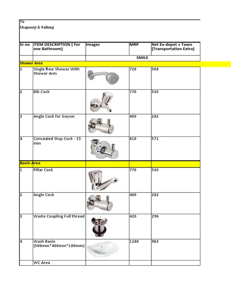 Proposed Bill of Materials and Pricing for Bathroom Fittings and ...