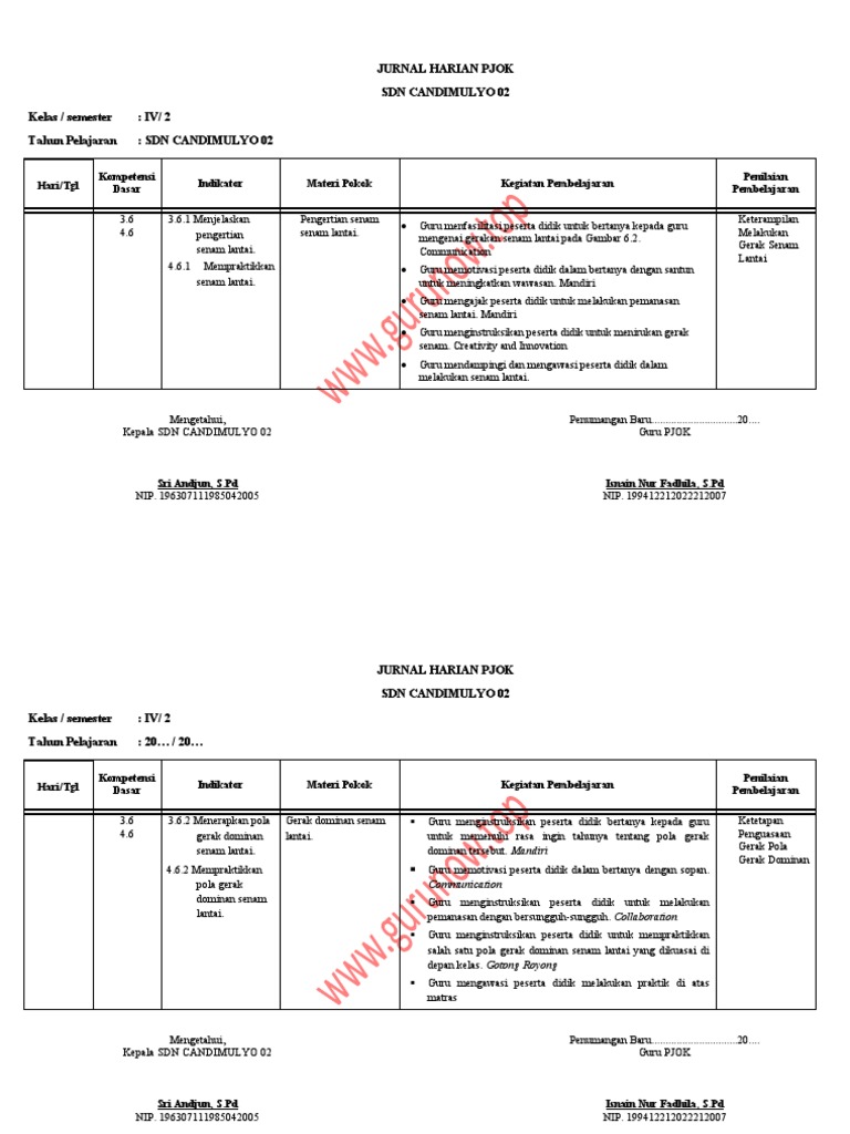 Jurnal Harian Kelas 4 Semester 2 Pjok | PDF