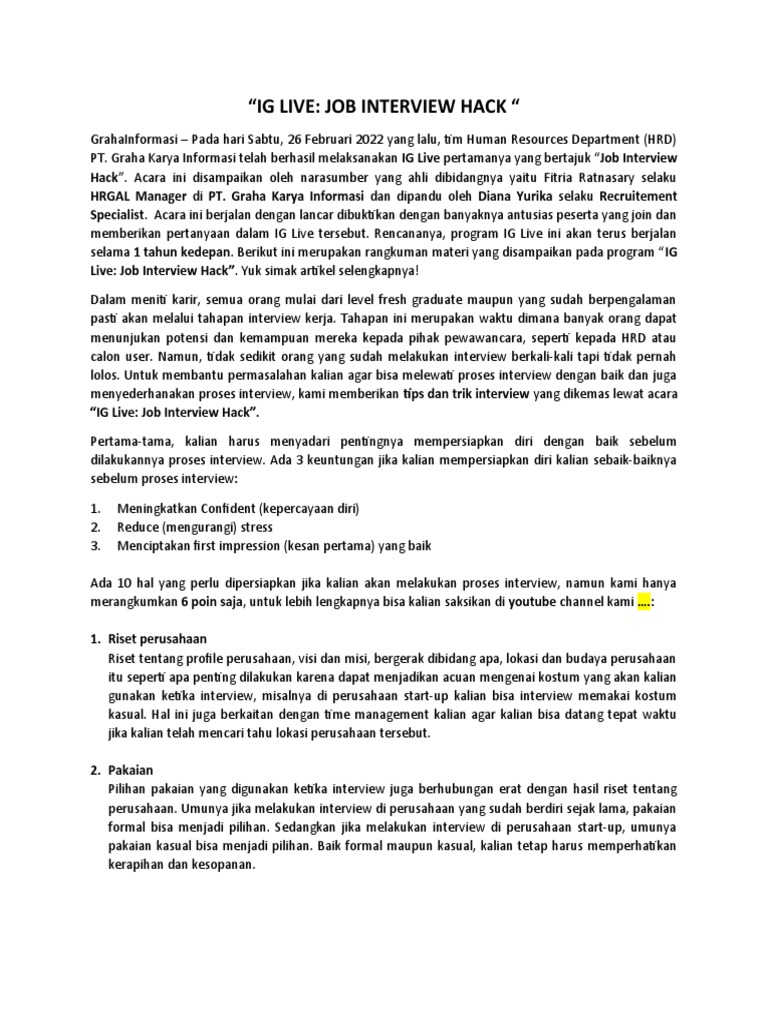 Ig Live (Job Interview Hack) - Revisi | PDF