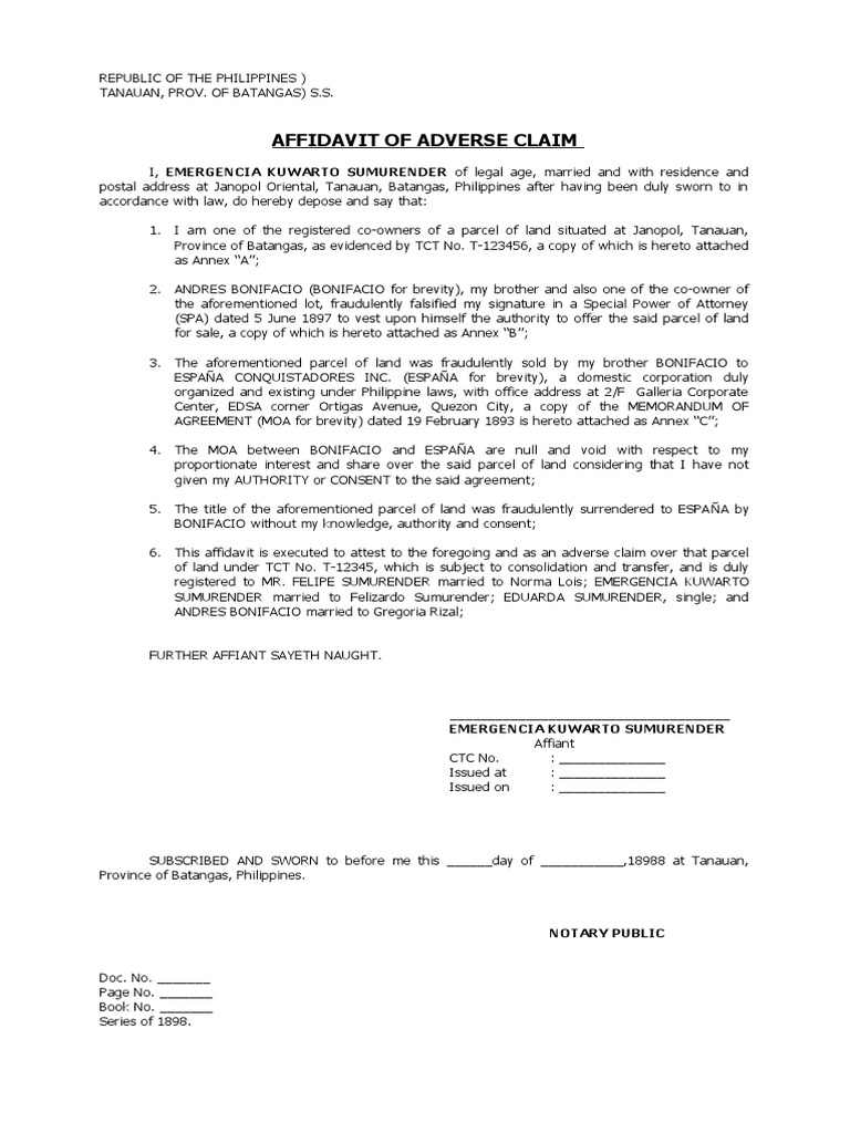 Affidavit of Adverse Claim - Sample | PDF