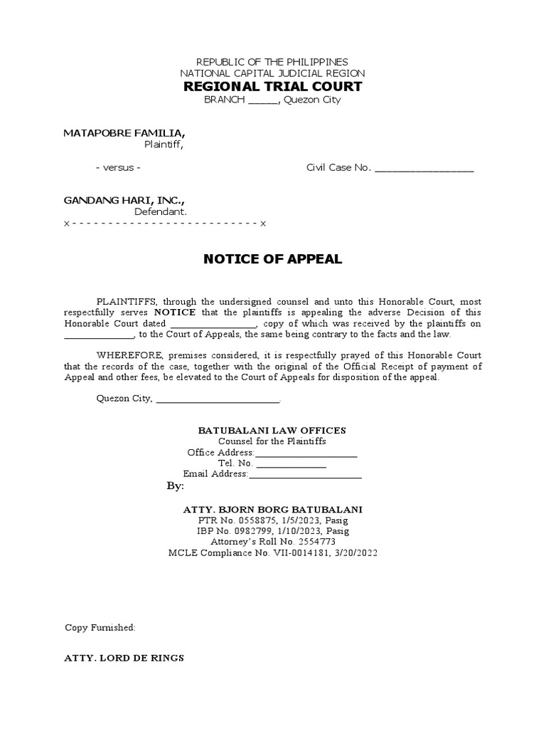 Notice of Appeal filed by Plaintiff Matapobre Familia seeking to ...