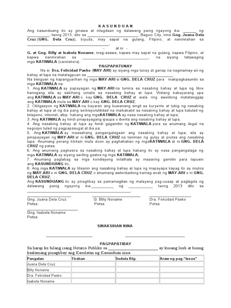 Sample Kasunduan Katiwala Caretaker | PDF