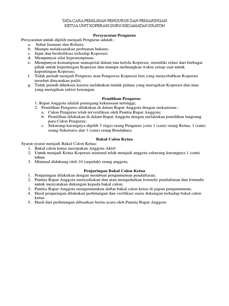 Tata Cara Pemilihan Pengurus Dan Penjaringan Ketua Koperasi Konsumen Karyawan PT | PDF