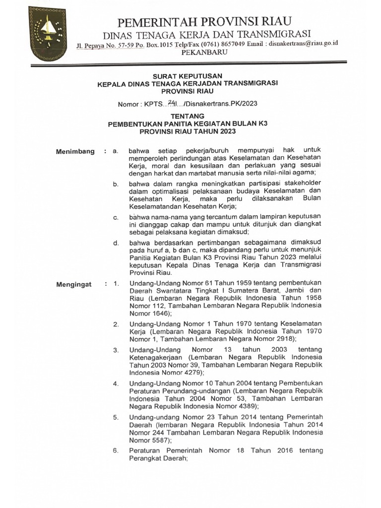 SK Panitia Kegiatan Bulan K3 Tahun 2023 | PDF