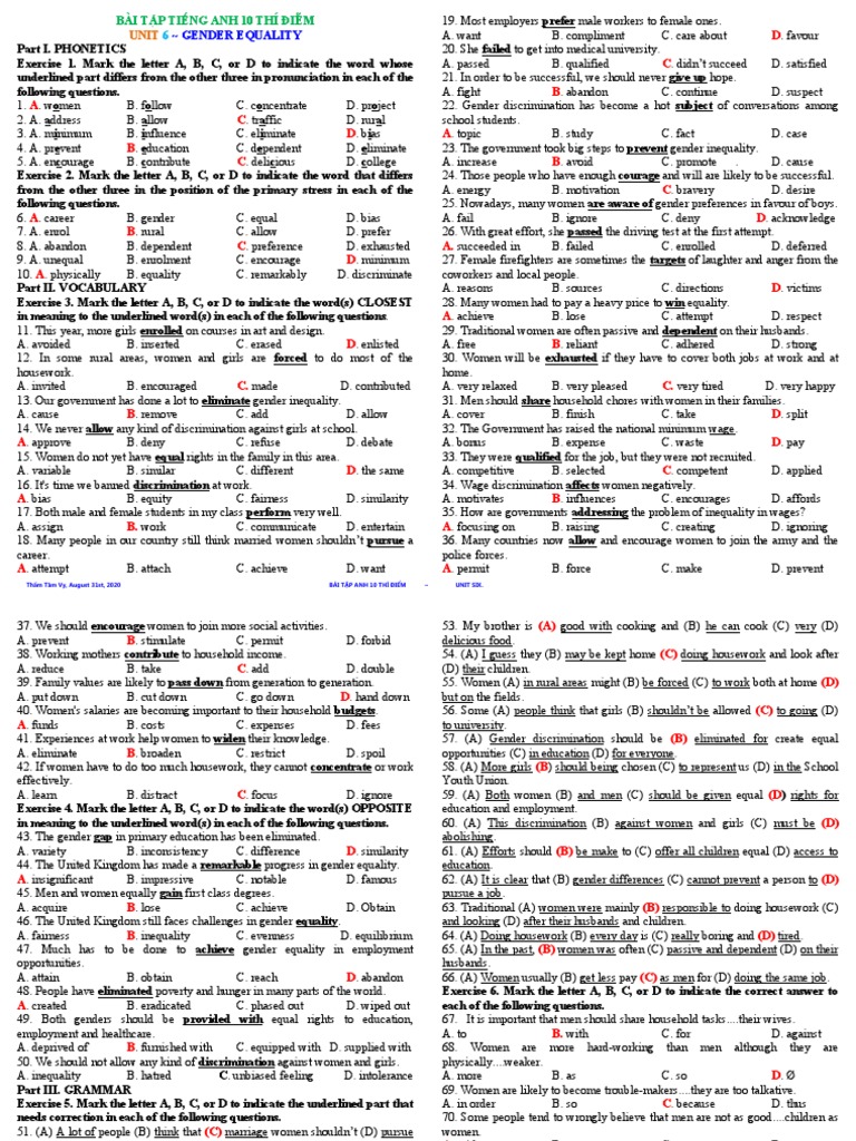 Bai Tap Av 10 Thi Diem Unit Six | PDF