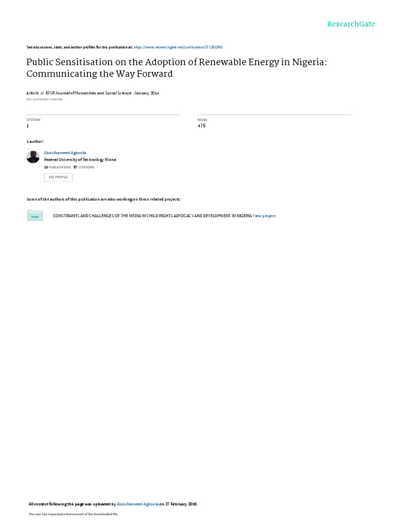 Public Sensitisation On The Adoption of Renewable Energy in Nigeria: Communicating The Way ...