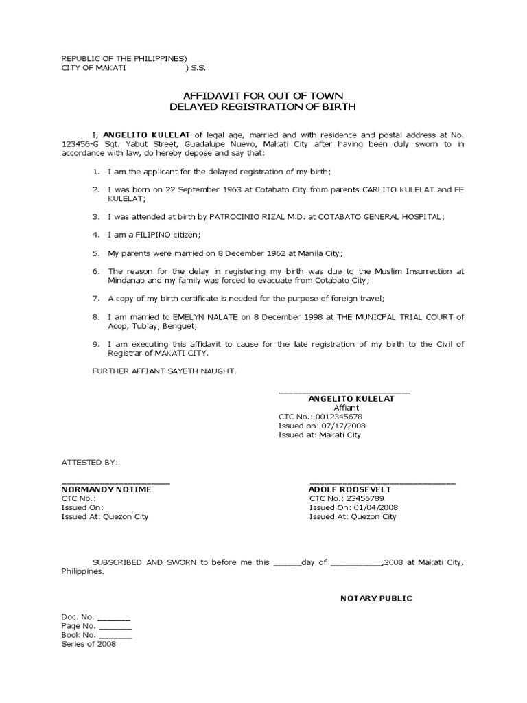 Affidavit For Out of Town Delayed Registration of Birth - Sample | PDF ...
