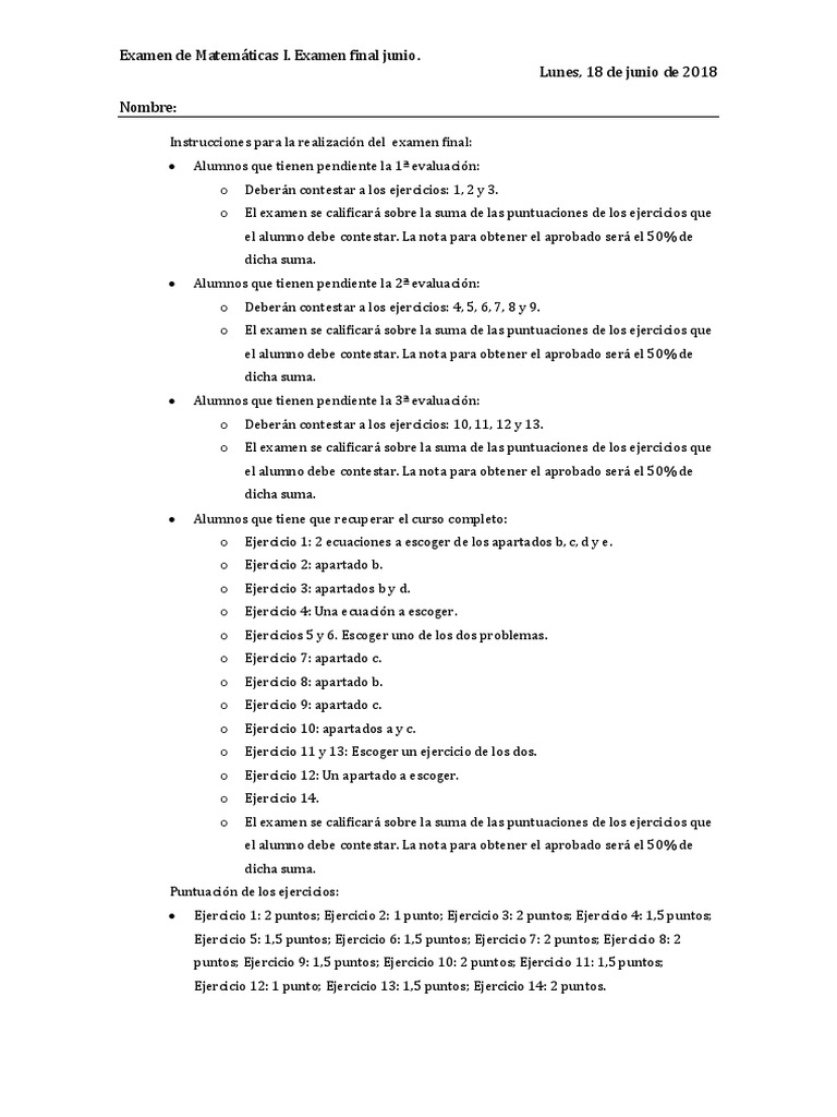 Examen Matemáticas I Final - Junio | PDF | Línea (geometría) | Conceptos matemáticos