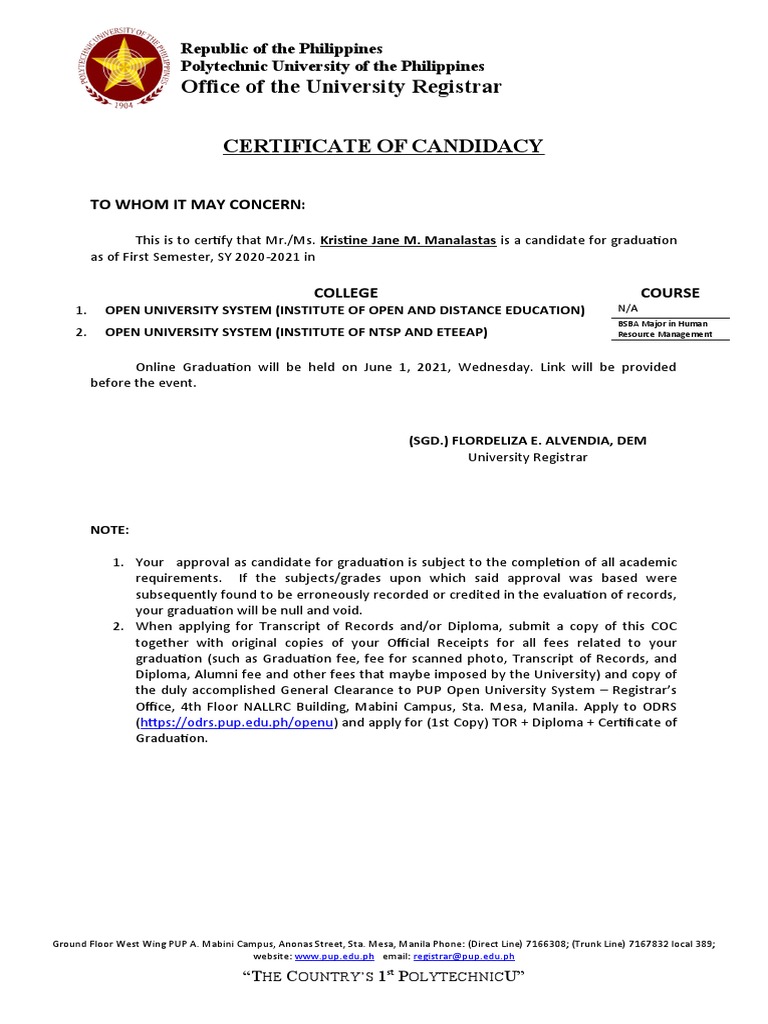 Certificate of Candidacy for Graduation | PDF | Qualifications | Academia