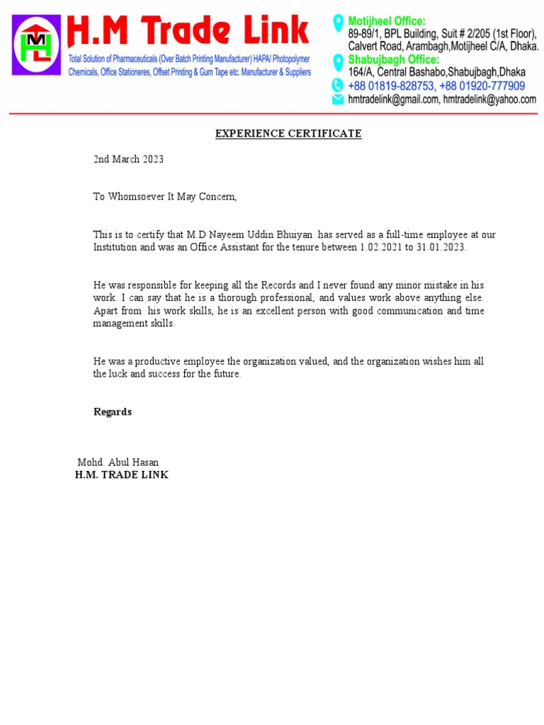 Experience Certificate English | PDF