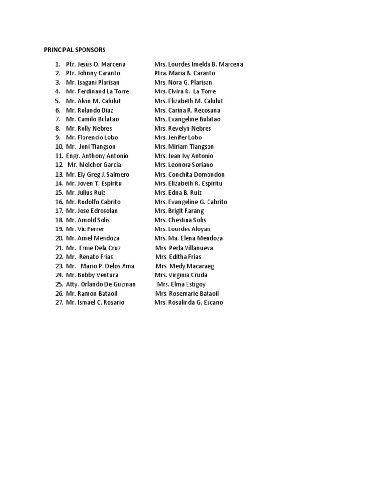 Principal Sponsors | PDF | Wedding | Marriage, Unions And Partnerships