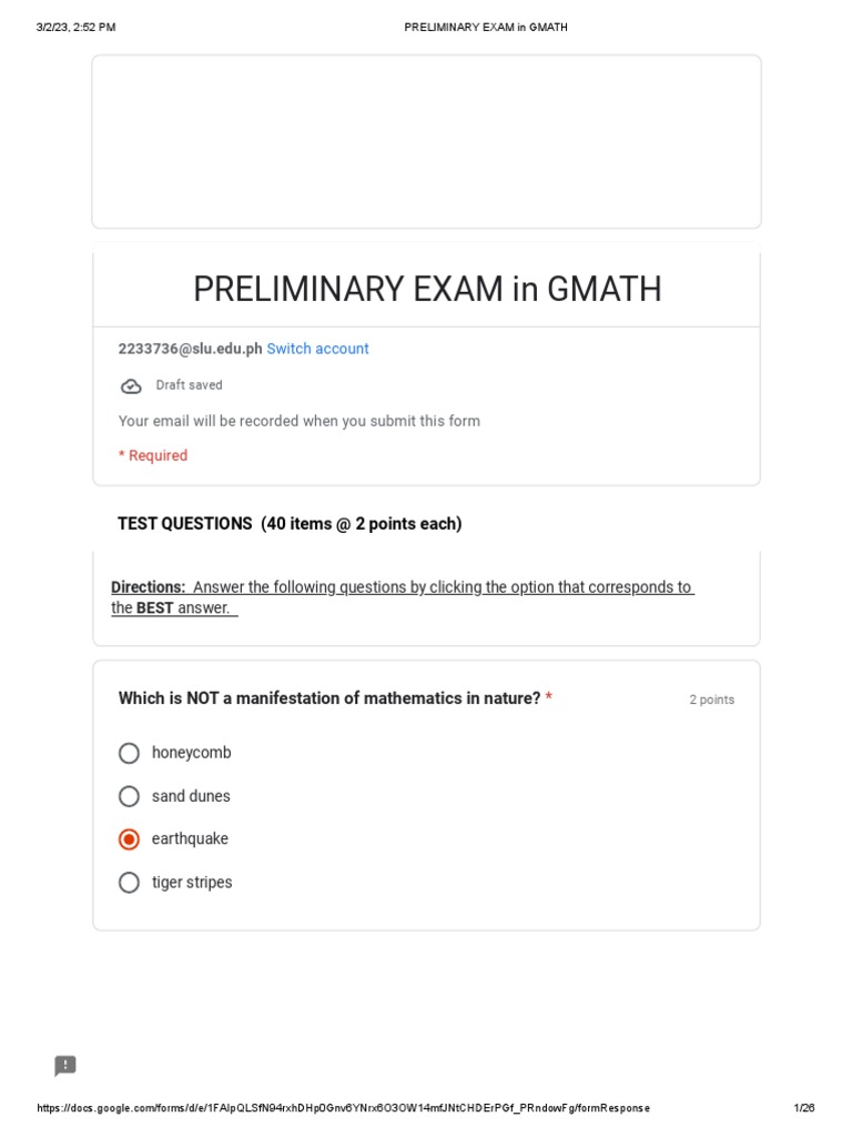 PRELIMINARY EXAM in GMATH | PDF | Integer | Abstract Algebra