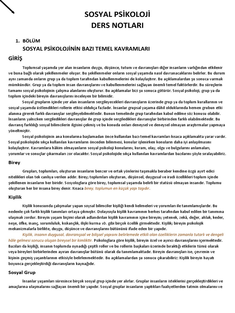 Sosyal Psi̇koloji̇ Ders Notlari | PDF