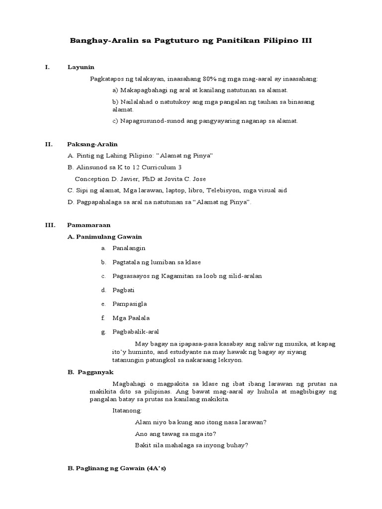 Banghay Aralin - Filipino | PDF