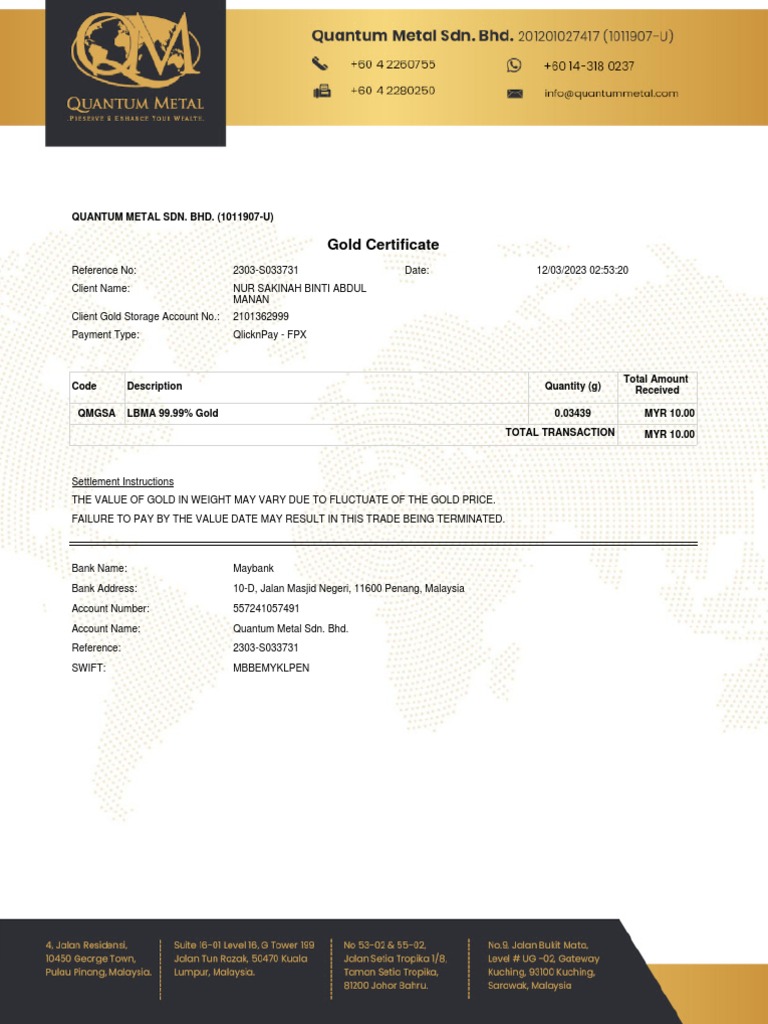 Client Gold Storage Receipt and Payment Confirmation | PDF