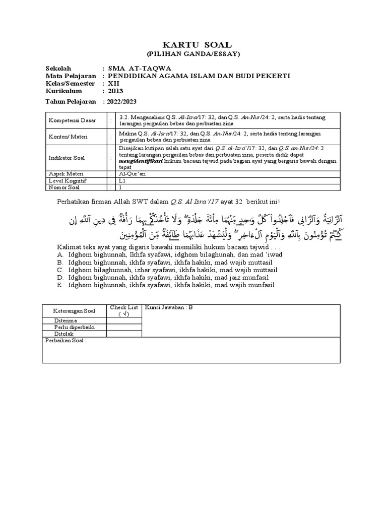Kartu Soal Us Pai 2023 | PDF