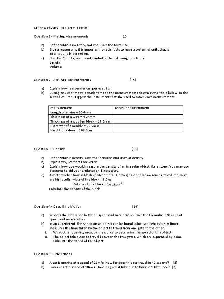 Grade 8 Physics | Download Free PDF | Measurement | Density