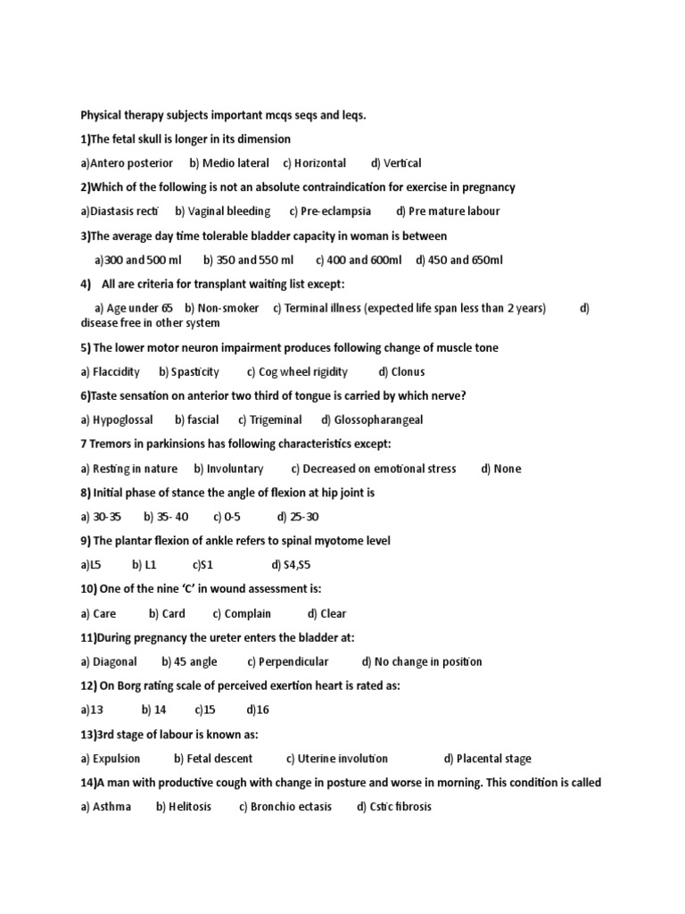 Essential MCQs for Physical Therapy Exam | PDF | Lung | Pain