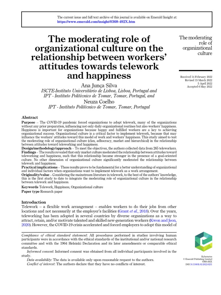The Moderating Role of Teleworking - Organizational Culture - Happiness PDF | PDF ...