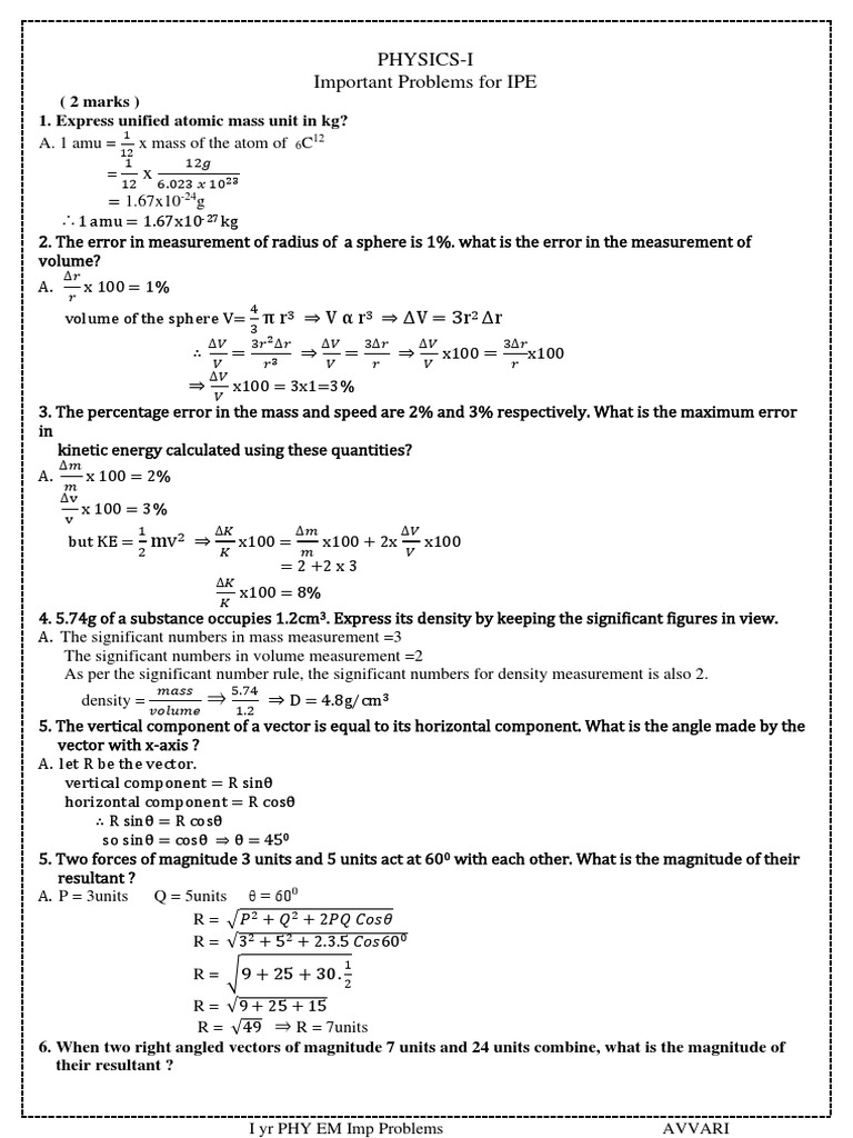 Ap 1st Year PHYSICS Imp PROBLEMS | PDF | Speed | Acceleration
