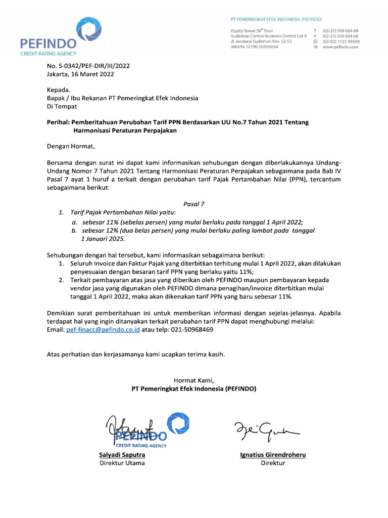 Surat Pemberitahuan Perubahan Tarif PPN | PDF
