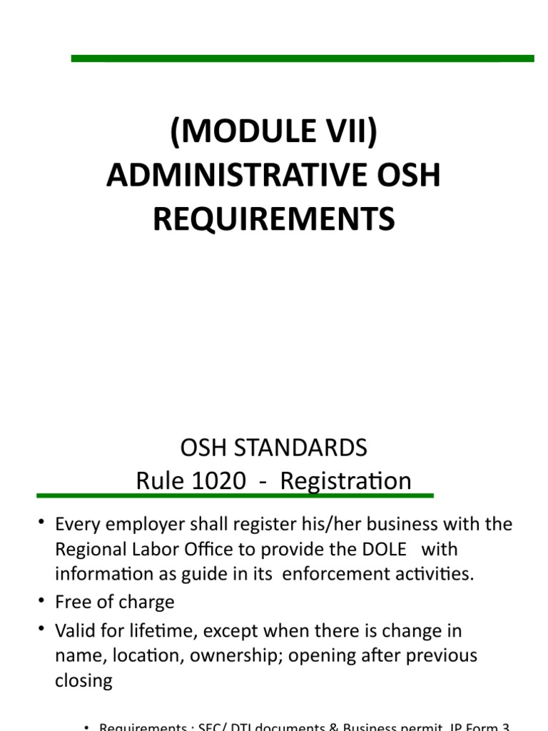 VII Admin OSH Requirements | PDF | Occupational Safety And Health ...