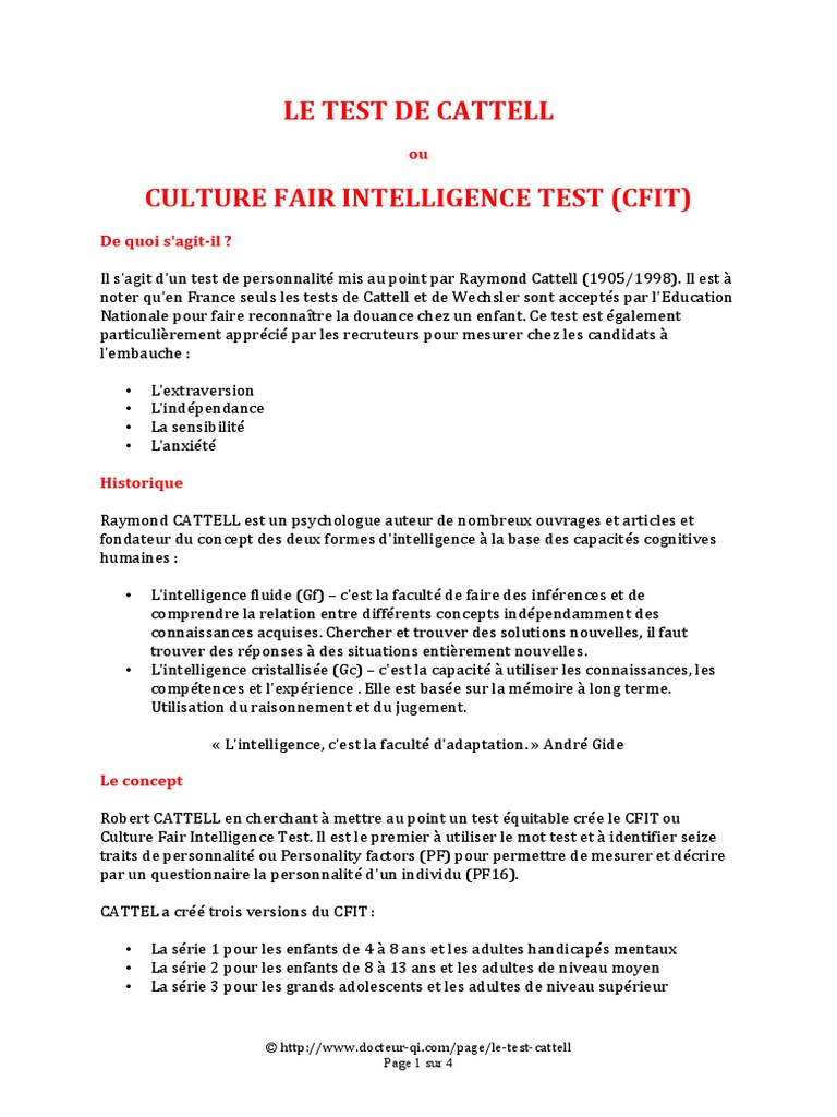 LE TEST DE CATTELL Ou CULTURE FAIR INTELLIGENCE TEST - CFIT (4 Pages ...