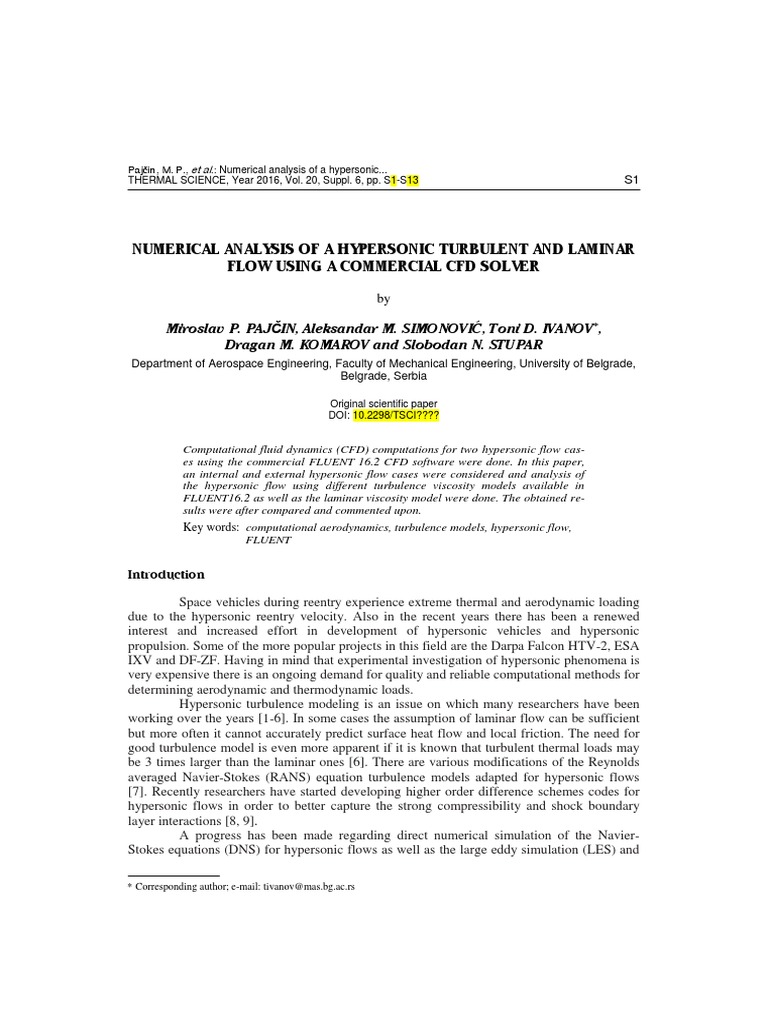 Numerical Analysis of A Hypersonic Turbulent and L | PDF | Fluid Dynamics | Turbulence