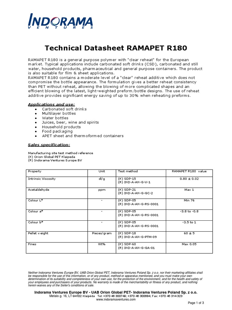 RAMAPET R180 - Technical Datasheet | PDF | Density | Secondary Sector ...