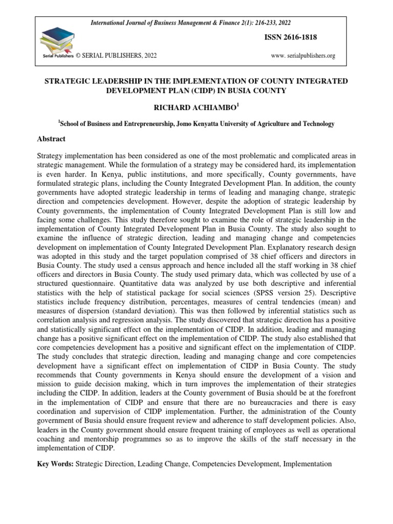 Strategic Leadership in The Implementation of County Integrated ...