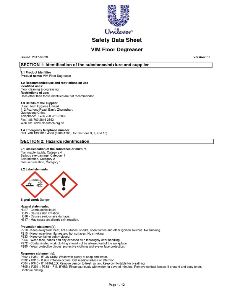 MSDS Vim PDF | PDF | Toxicity | Personal Protective Equipment