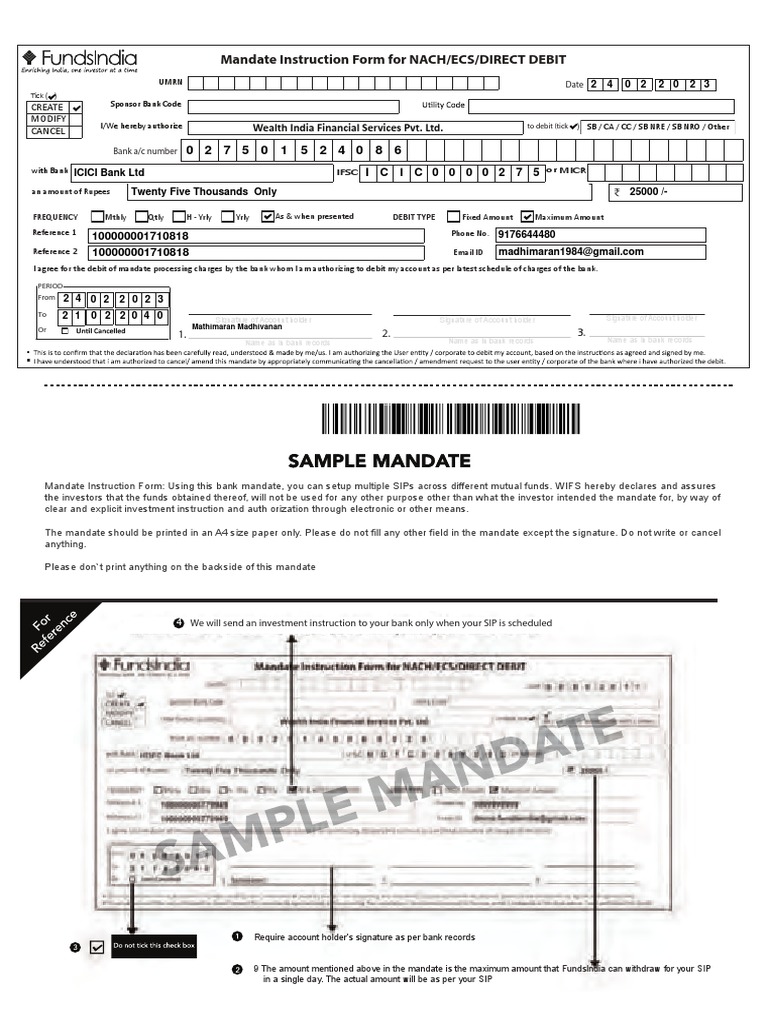 Mandate Instruction Form For NACH/ECS/DIRECT DEBIT: I C I C 0 0 0 0 2 7 ...