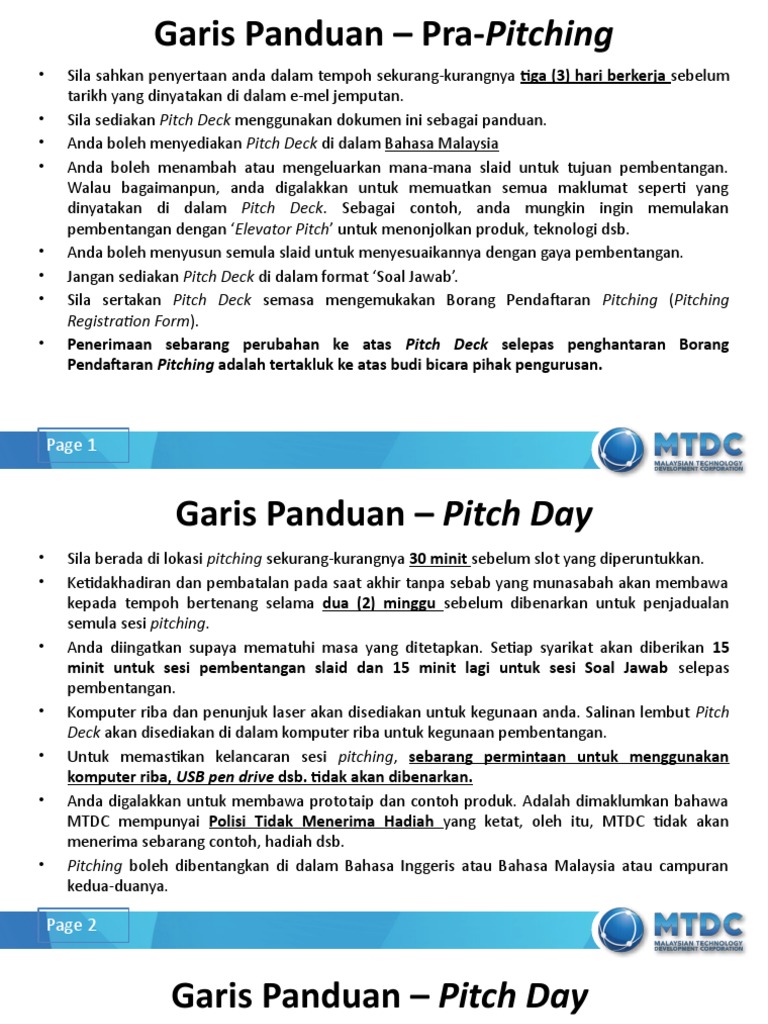 Garis Panduan Pra-Pitching dan Pitch Day untuk Syarikat Permulaan | PDF