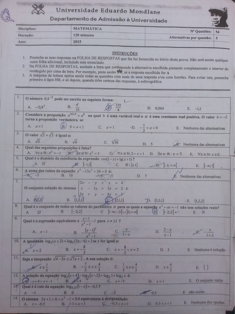 2015 Exame de Matematica UEM 2015 FHJ | PDF