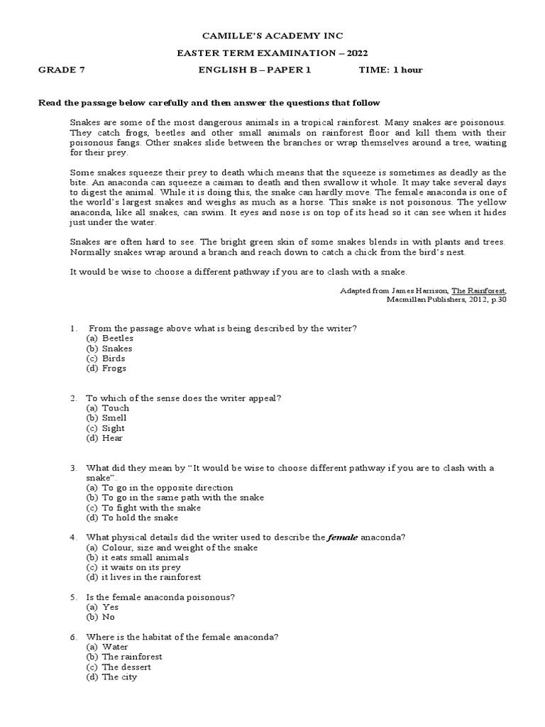 Grade 7 English Poetry Exam 2022 | PDF | Snake | Poetry