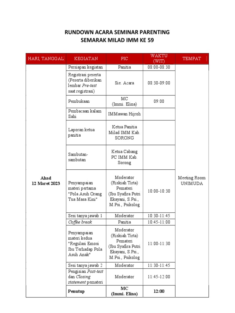 Rundown Acara Seminar Parenting Imm | PDF