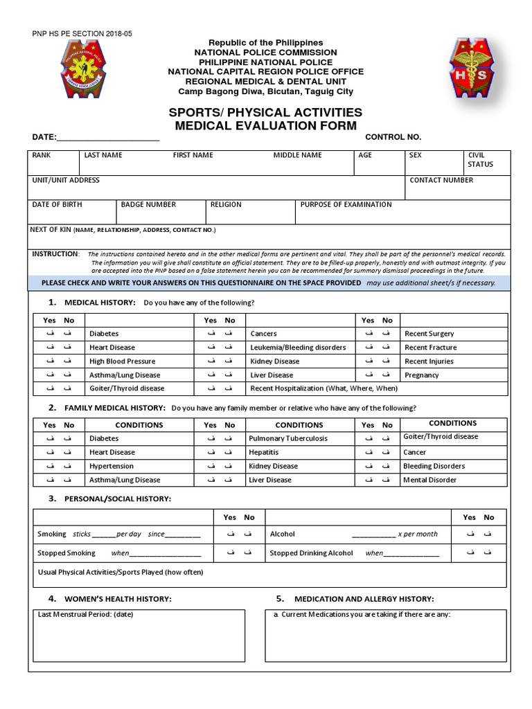 PNP Medical Evaluation Form 2025 | PDF | Obesity | Body Mass Index