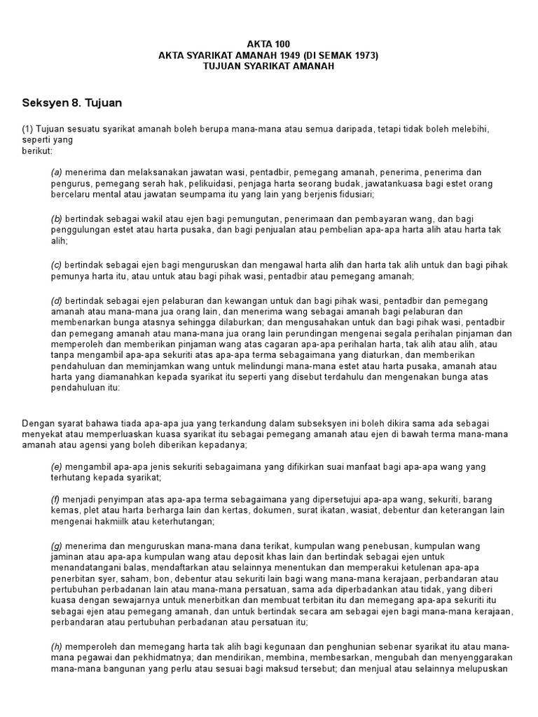 Seksyen 8. Tujuan (AKTA SYARIKAT AMANAH 1949 (DI | PDF