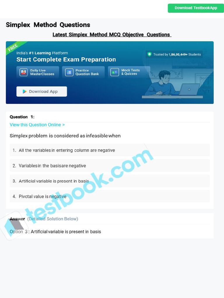 MCQ On Simplex Method 5eea6a0e39140f30f369e4e8 | PDF