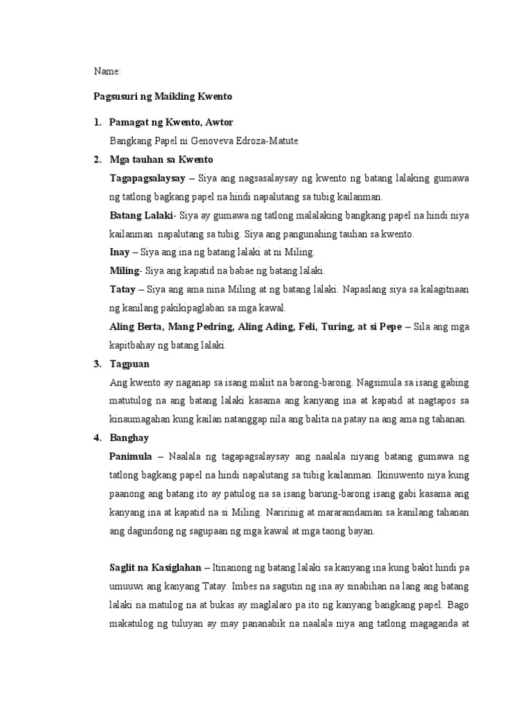 Pagsusuri NG Maikling Kwento - Bangkang Papel | PDF