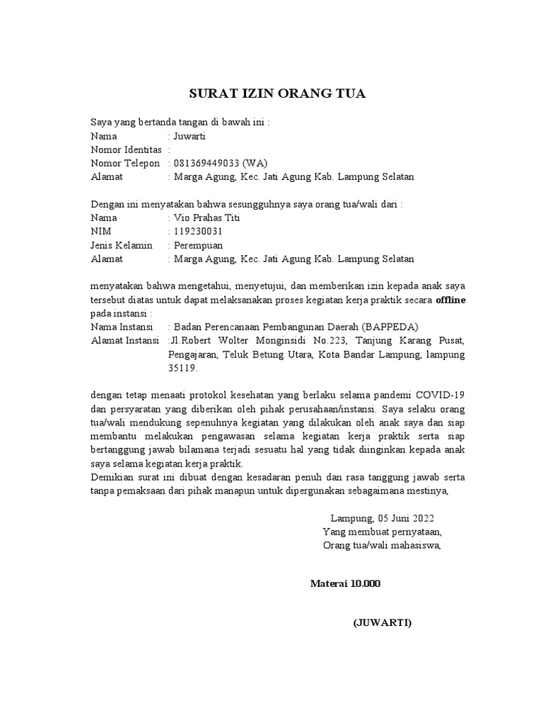 SURAT IZIN ORANG TUA_KP_GT ITERA | PDF