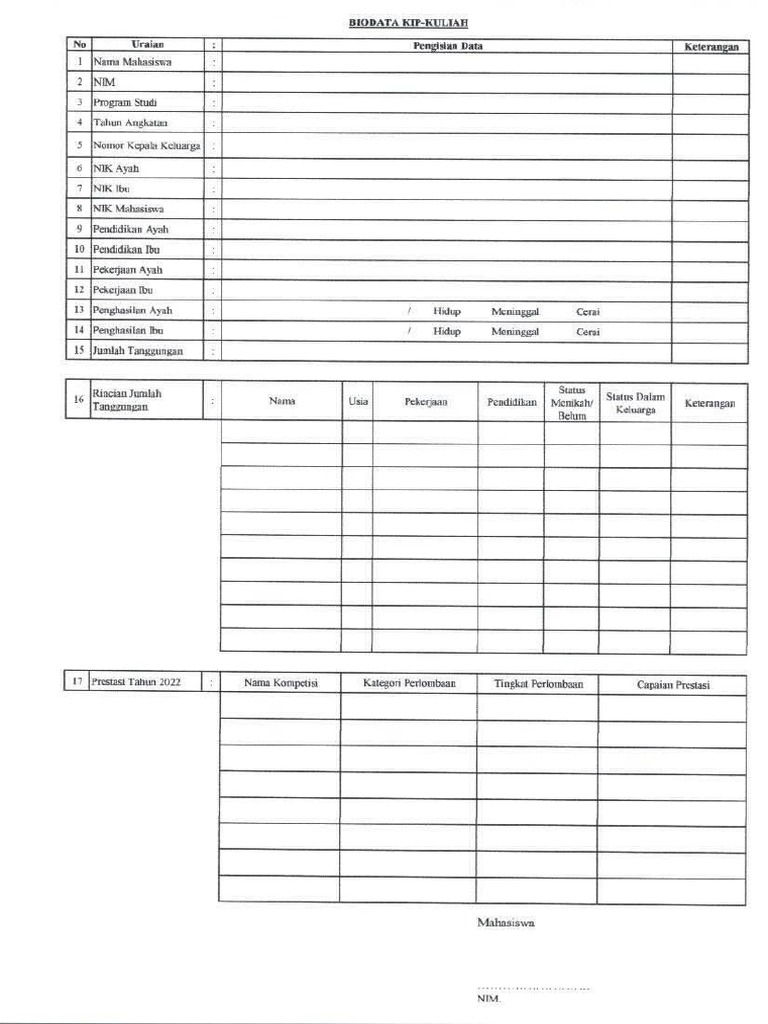 Form Biodata, Penjelasan Dan Surat Pernyataan Keabsahan Data Kip Kuliah On Going | PDF