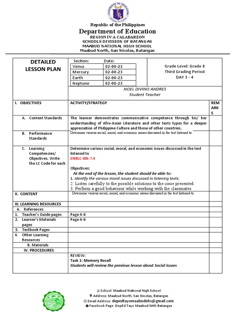 Grade 8 Lesson Plan on Moral Issues | PDF | Cognition | Cognitive Science