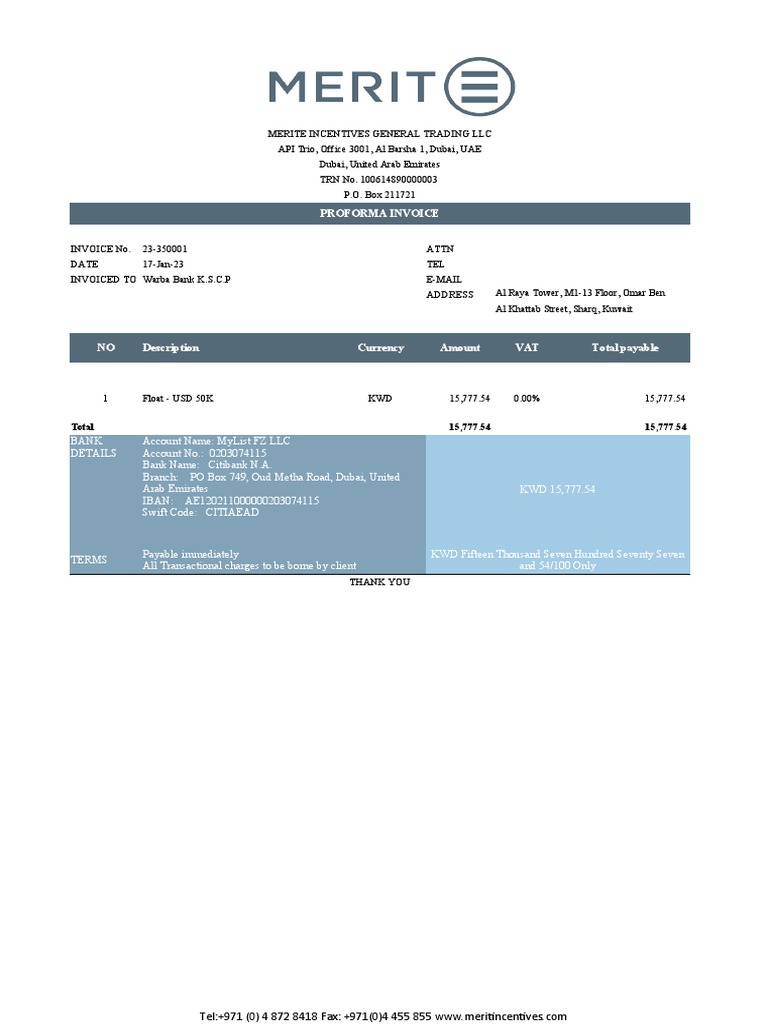 23-350001 Merit - Warba Invoice | PDF | United Arab Emirates | Dubai