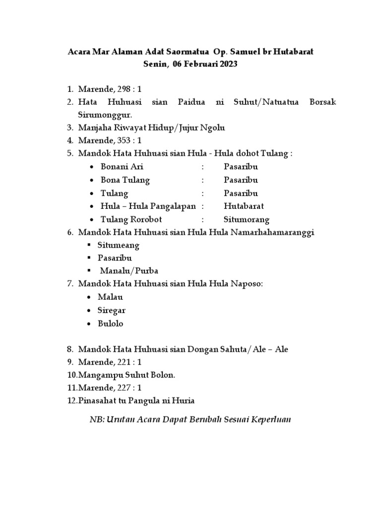 Acara Adat Saormatua Samuel Hutabarat | PDF