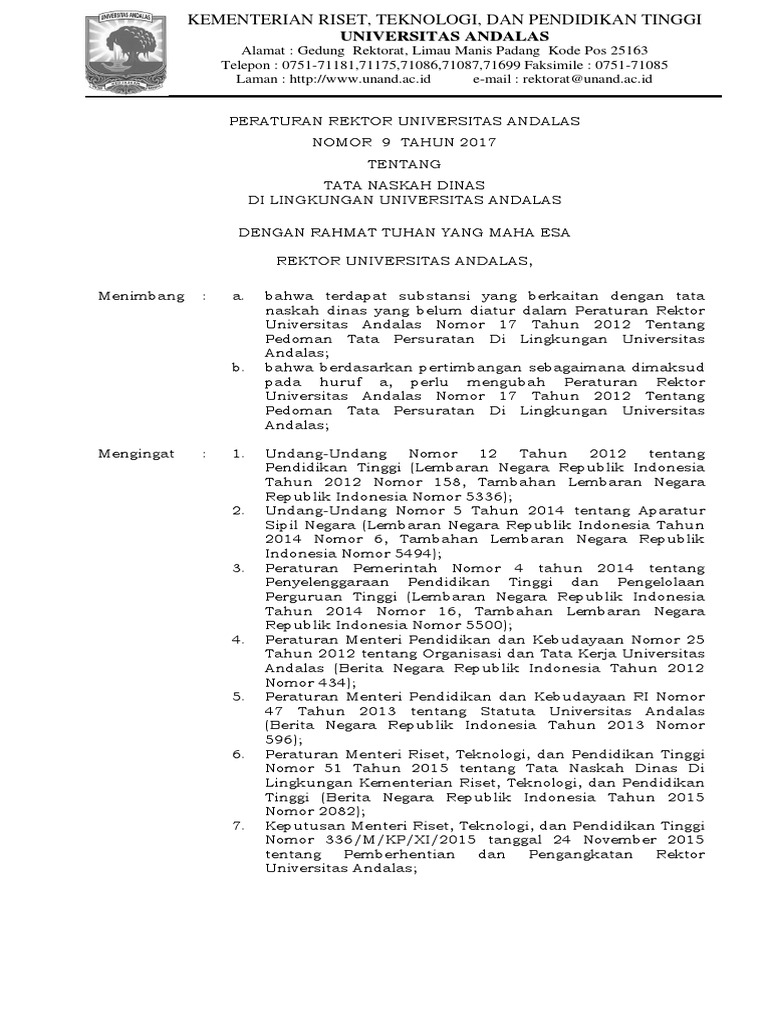 Peraturan Rektor No 9 TH 2017 TTG Tata Naskah Dinas Unand | PDF