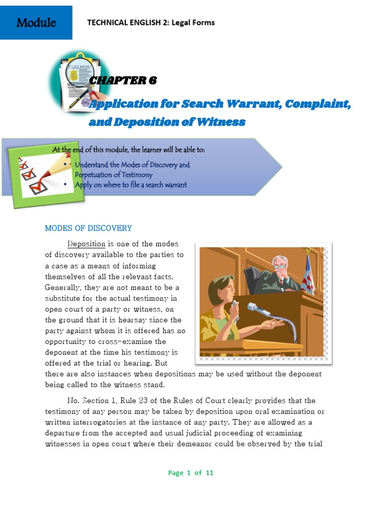 CHAPTER 6 - Application For Search Warrant, Complaint, and Deposition of Witness | PDF ...
